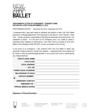 Fillable Online PERFORMER'S LETTER OF AGREEMENT / CONSENT FORM: Fax ...