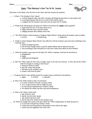 Quiz: The Monkeys Paw by W Doc Template | pdfFiller