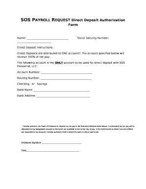SOS PAYROLL REQUEST Direct Deposit Authorization template Doc Template ...
