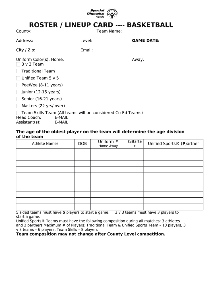 ROSTER / LINEUP CARD ---- BASKETBALL Doc Template | pdfFiller