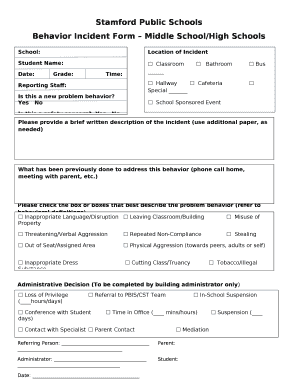 Behavior Incident Middle School/High Schools Doc Template | pdfFiller