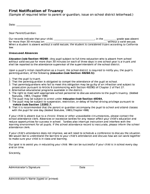 First Notification of Truancy Doc Template | pdfFiller
