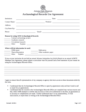Archaeological Records Use Agreement Doc Template | pdfFiller