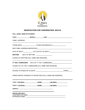 REGISTRATION FOR CONFIRMATION2014-15 Doc Template | pdfFiller