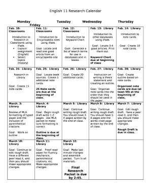 English 11 Research Calendar Doc Template | pdfFiller