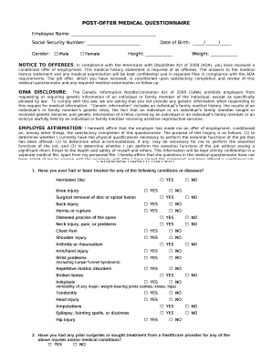 POST-OFFER MEDICAL QUESTIONNAIRE Doc Template | pdfFiller