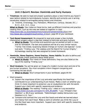 Unit 2 Quiz#1 Review: Hominids and Early Humans Doc Template | pdfFiller