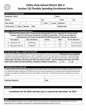 Fillable Online Section 125 Flexible Spending Enrollment Form Fax Email ...