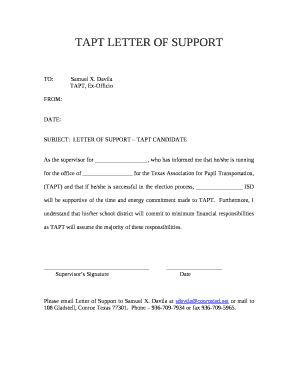 TAPT LETTER OF SUPPORT Doc Template | pdfFiller