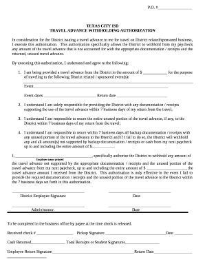 TRAVEL ADVANCE WITHHOLDING AUTHORIZATION Doc Template | pdfFiller
