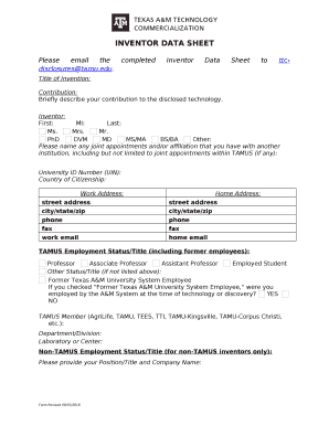 Inventor Data Sheet - techtransfer tamu Doc Template | pdfFiller