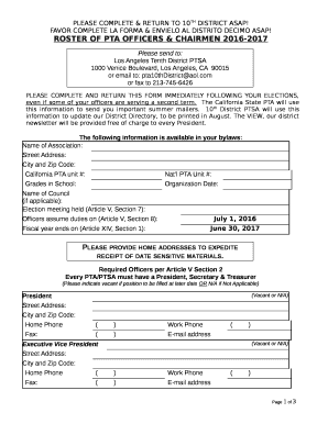 ROSTER OF PTA OFFICERS & CHAIRMEN 2016-2017 Doc Template | pdfFiller