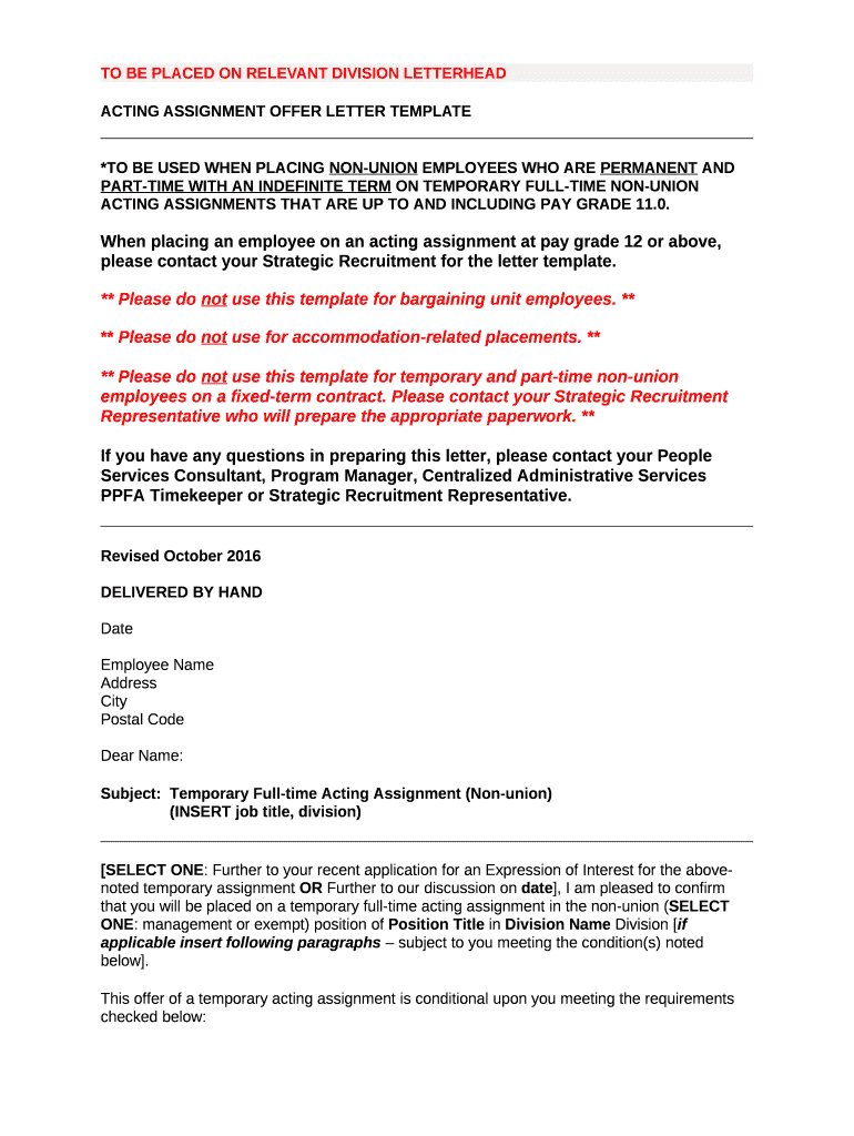 ACTING ASSIGNMENT OFFER LETTER TEMPLATE Doc Template | pdfFiller