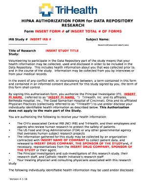 HIPAA AUTHORIZATION for DATA REPOSITORY RESEARCH Doc Template | pdfFiller