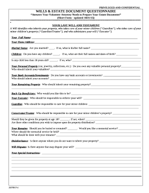 WILLS & ESTATE DOCUMENT QUESTIONNAIRE Doc Template | pdfFiller
