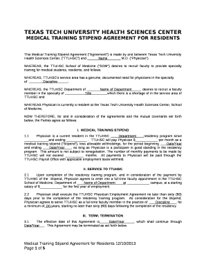 MEDICAL TRAINING STIPEND AGREEMENT FOR RESIDENTS Doc Template | pdfFiller