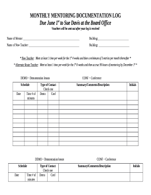 MONTHLY MENTORING DOCUMENTATION LOG Doc Template | pdfFiller