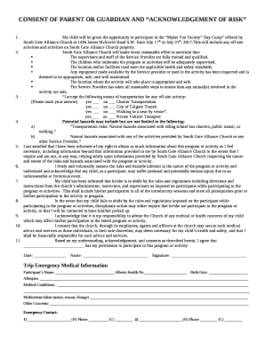 CONSENT OF PARENT OR GUARDIAN AND ACKNOWLEDGEMENT OF RISK Doc Template | pdfFiller