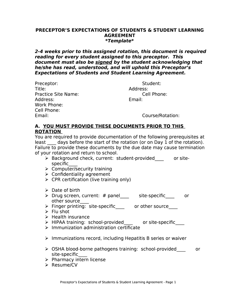 PRECEPTORS EXPECTATIONS OF STUDENTS & STUDENT LEARNING AGREEMENT Doc ...