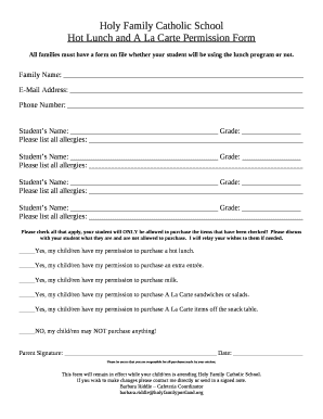 Hot Lunch and A La Carte Permission Doc Template | pdfFiller