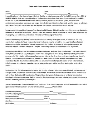 Fillable Online Trinity Bible Church Release of Responsibility Form Fax ...
