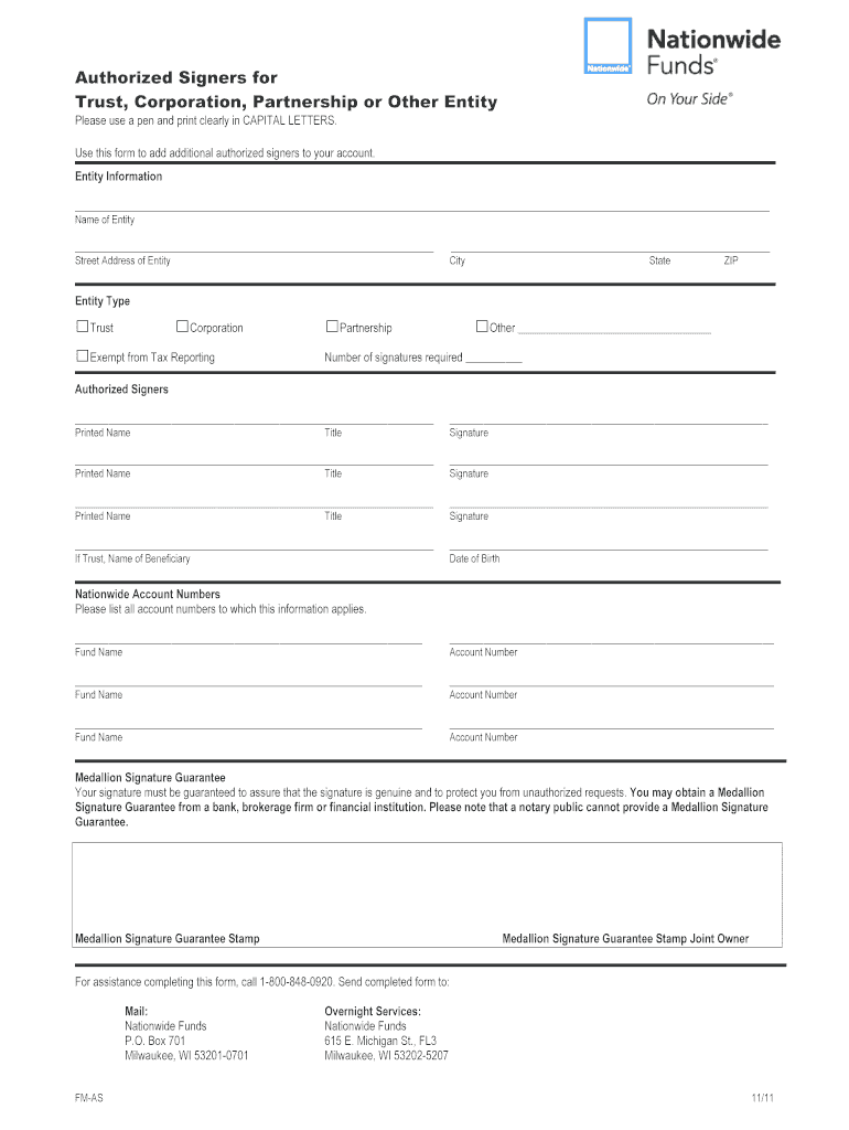 Fillable Online Authorized Signers for Trust, Corporation, Partnership ...