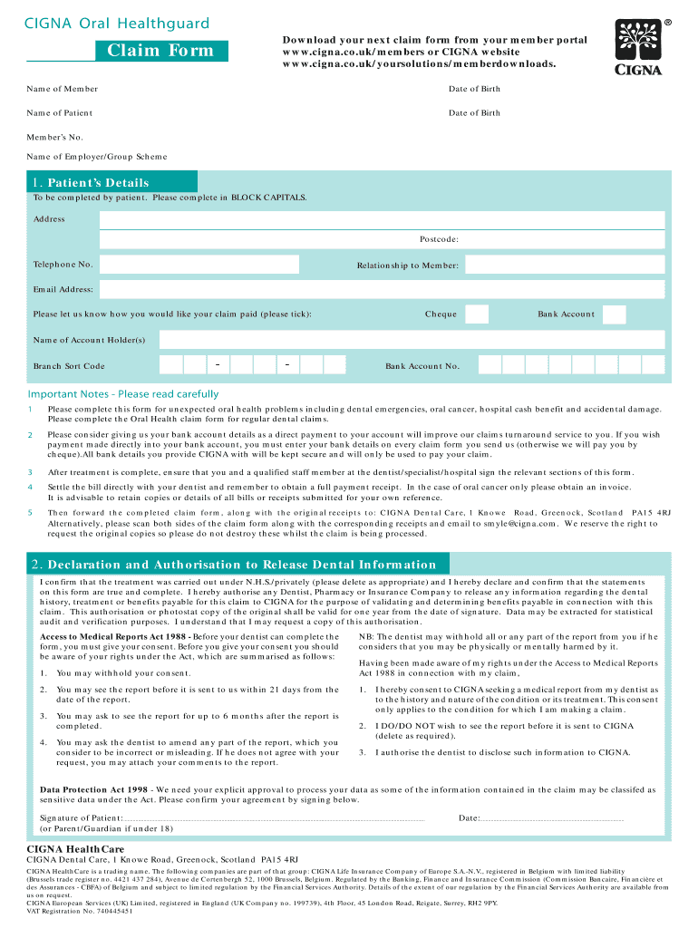Fillable Online Oral Healthguard claim form - Cigna Fax Email Print - pdfFiller