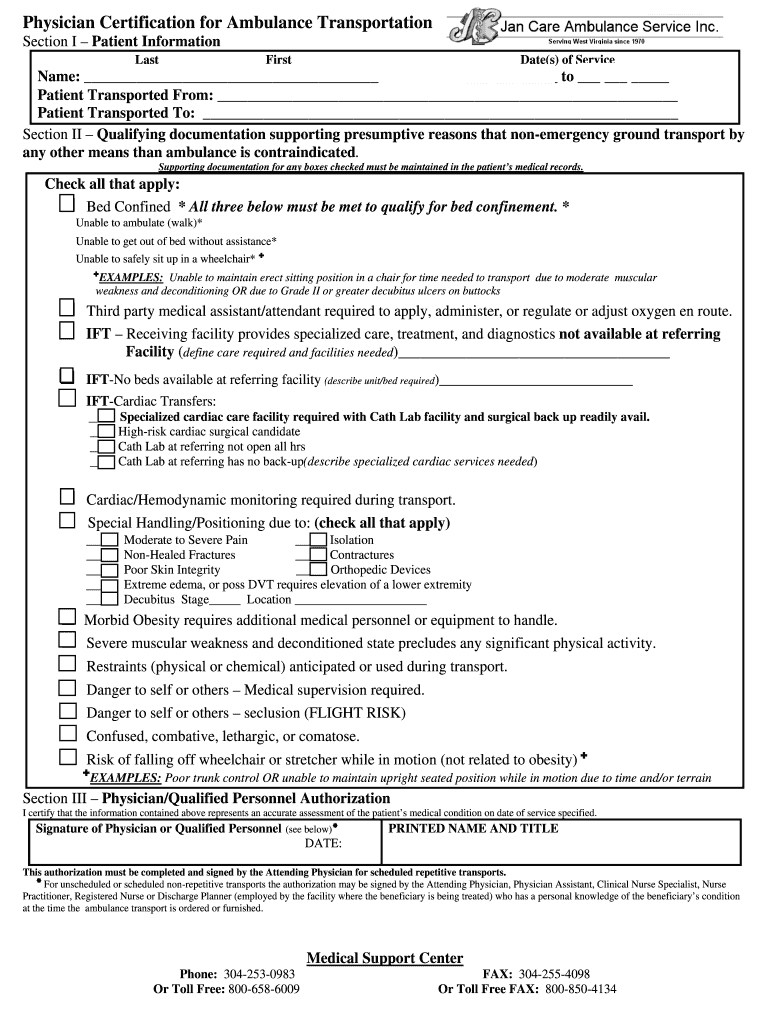Fillable Online Physician Certification for Ambulance Transportation ...