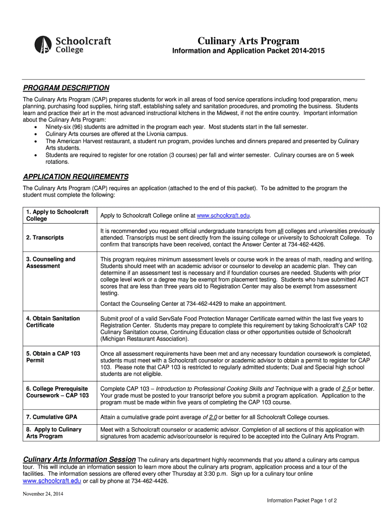 Fillable Online schoolcraft Culinary Arts Program Fax Email Print ...