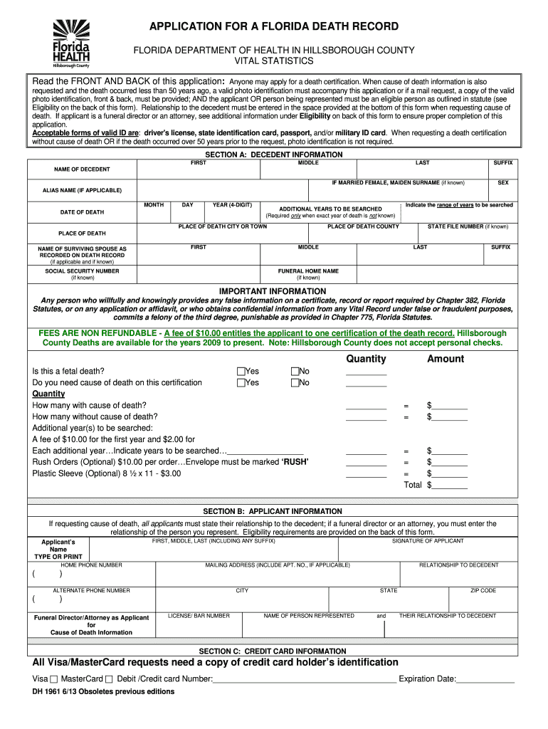 Fillable Online hillscountyhealth APPLICATION FOR A FLORIDA DEATH ...