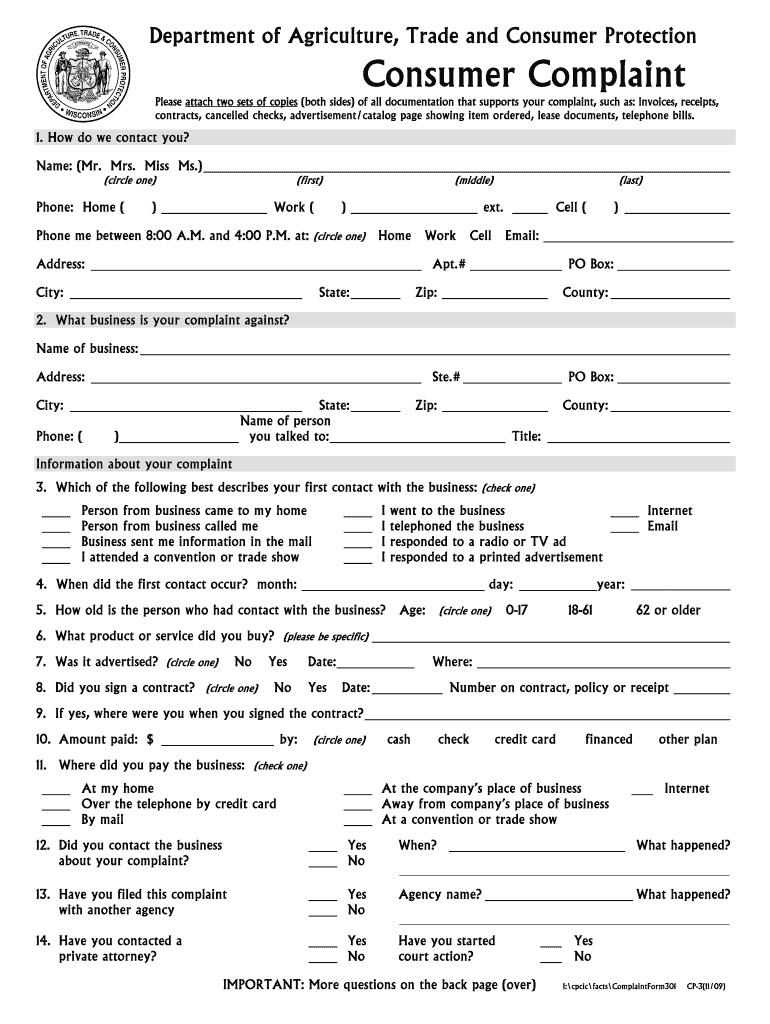 Fillable Online datcp wi Printable complaint form - Wisconsin ...