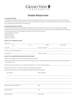Fillable Online admissions grandview Transfer Release Form - Grand View ...