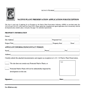 Fillable Online NATIVE PLANT PRESERVATION APPLICATION FOR EXCEPTION Fax ...
