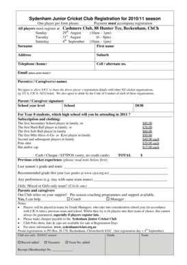 Fillable Online Sydenham Junior Cricket Club Registration for 201011 bb ...