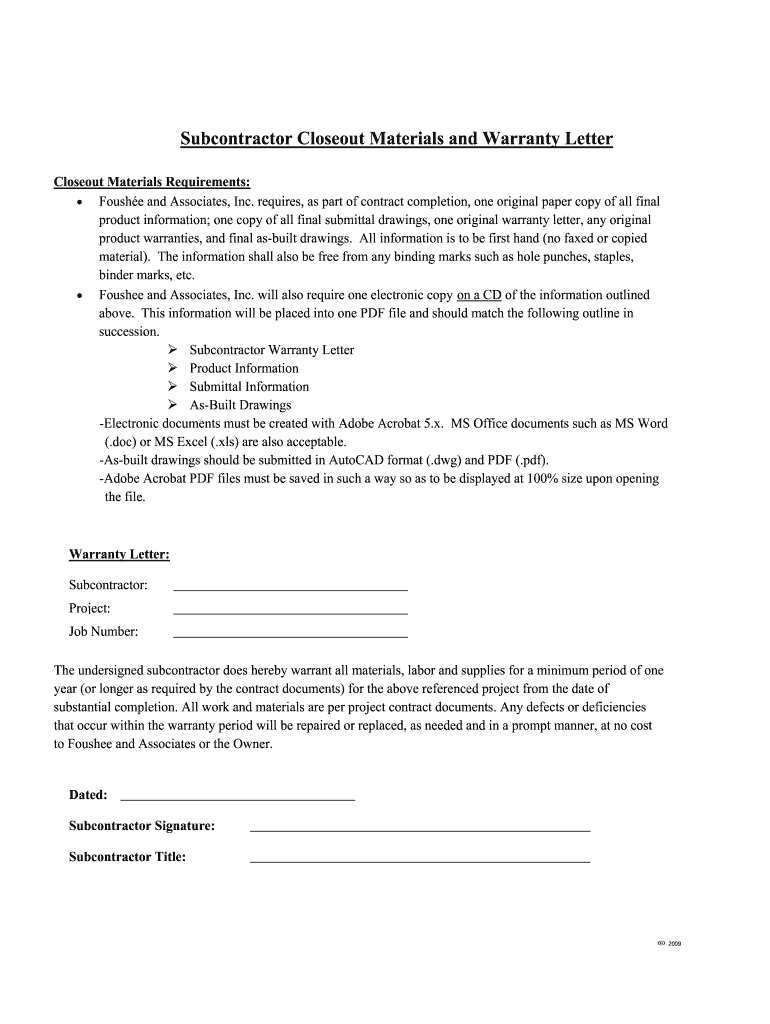 Subcontractor Warranty Letter Fill Online Printable Fillable Blank 