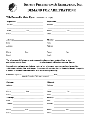 Fillable Online Demand for Arbitration - Dispute Prevention amp ...