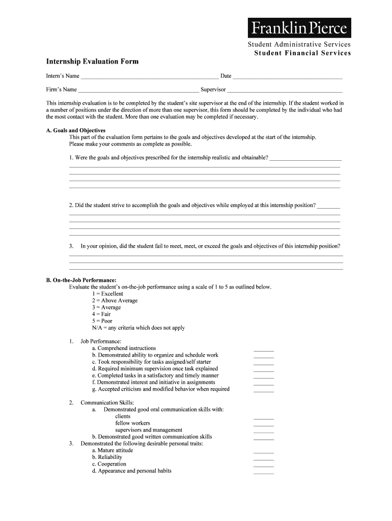 Fillable Online eraven franklinpierce Internship Evaluation Form - eRaven - eraven ...