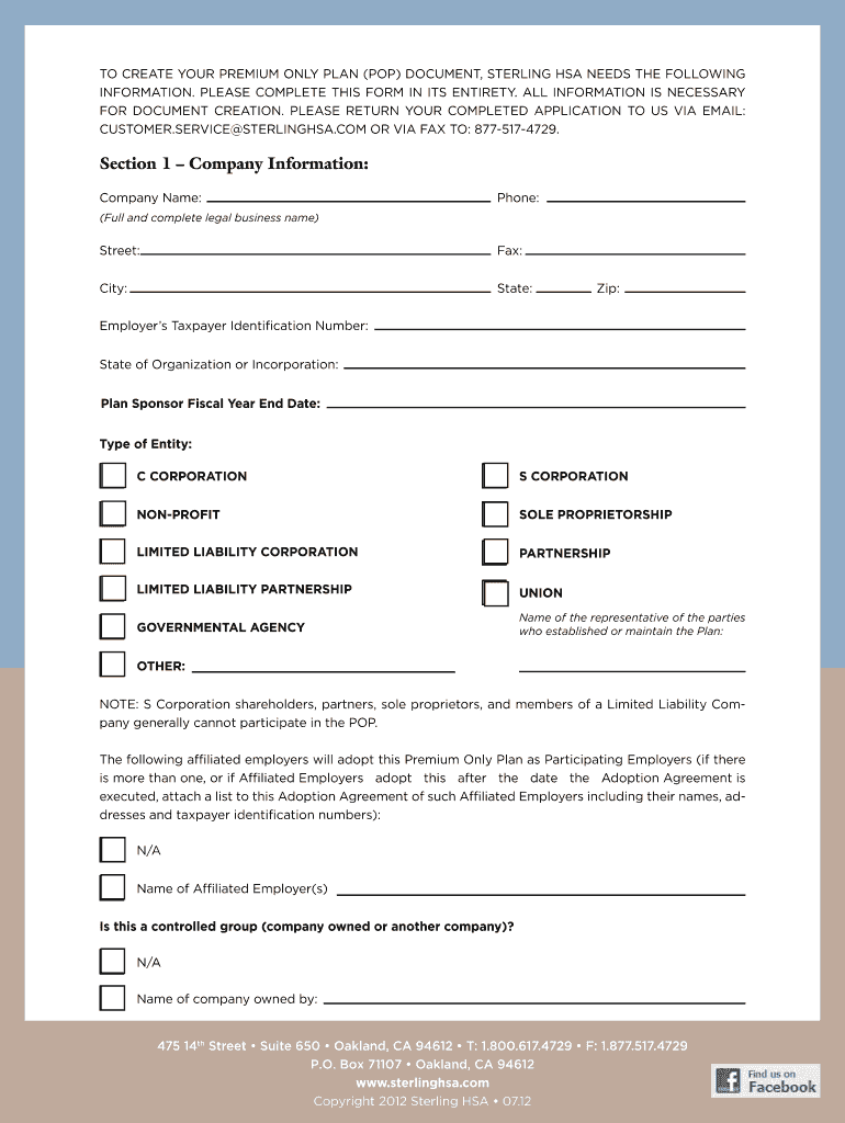 Fillable Online Premium Only Plan Document Service - Sterling HSA Fax ...