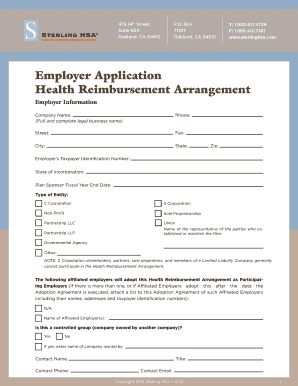 Fillable Online Employer Application Health Reimbursement ...