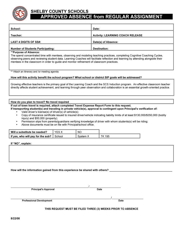 Fillable Online daily scsk12 LC Approved Absence Form, LC Release - Shelby County Schools ...