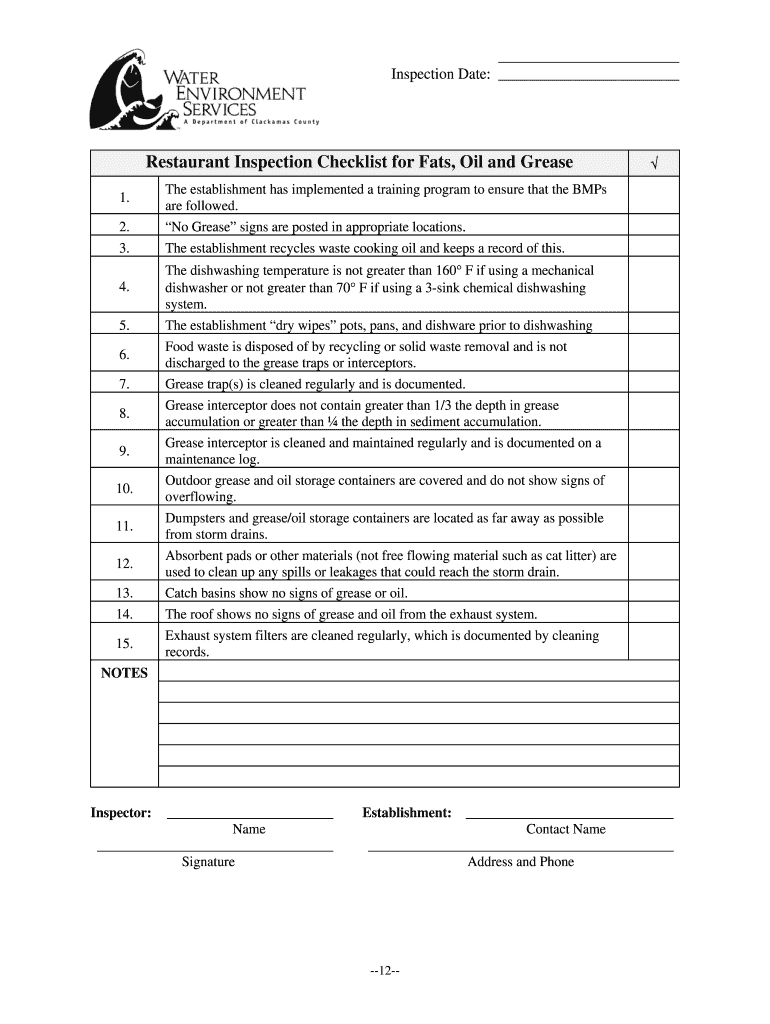 Fillable Online clackamas Restaurant Inspection Checklist for Fats Oil ...