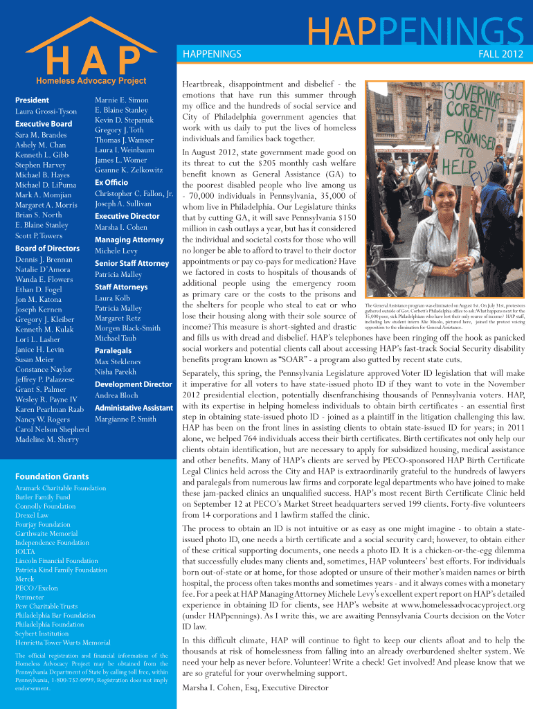 Fillable Online homelessadvocacyproject HAPPENINGS - Homeless Advocacy ...