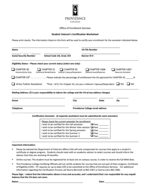 Fillable Online providence Office of Enrollment Services Student Veteran's Certification ...