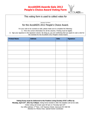 Fillable Online AccolAIDS Awards Gala 2012 People's Choice Award Voting ...
