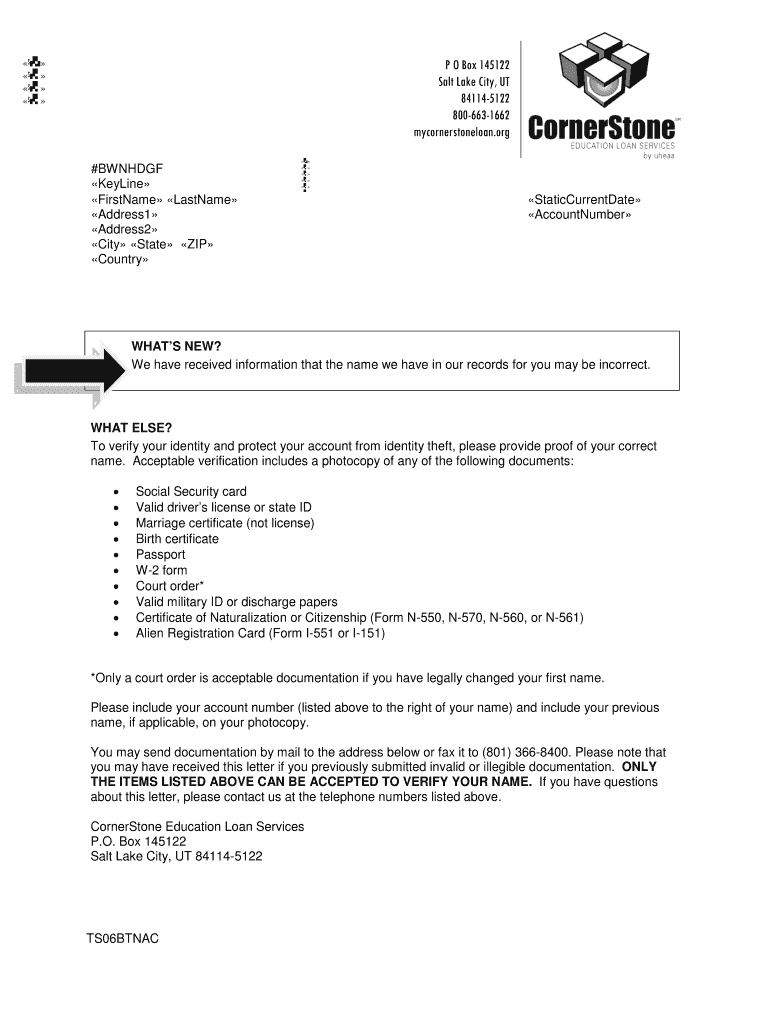 Fillable Online mycornerstoneloan Name Discrepancy Letter - CornerStone ...