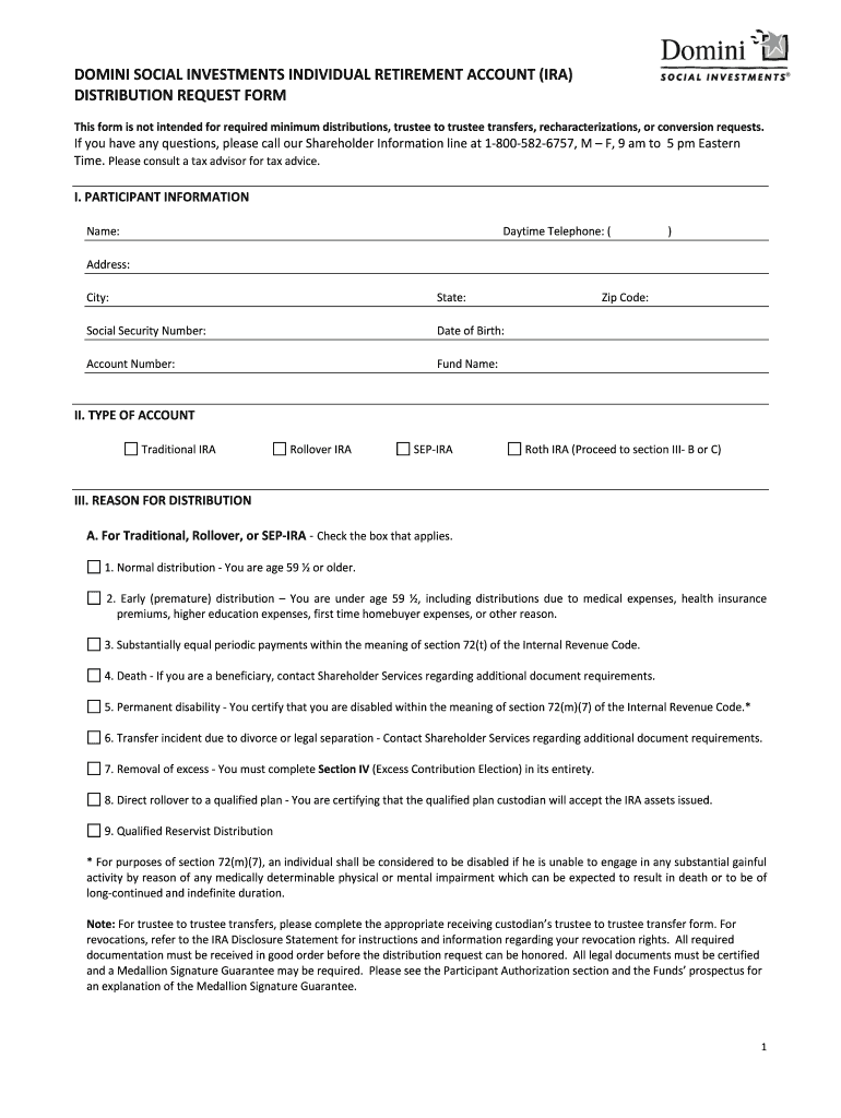 Fillable Online IRA Distribution Request Form - Domini Social ...