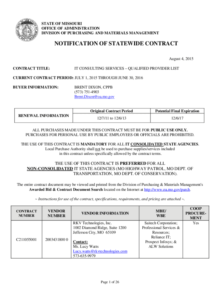 Fillable Online State of Missouri Notification of Statewide Contract 2 ...
