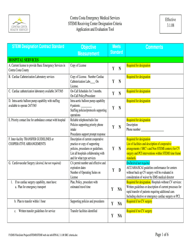 Fillable Online cchealth STEMI Designation Contract Standard Objective ...