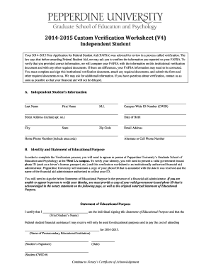 Fillable Online gsep pepperdine 2014-2015 Custom Verification Worksheet - Pepperdine University ...