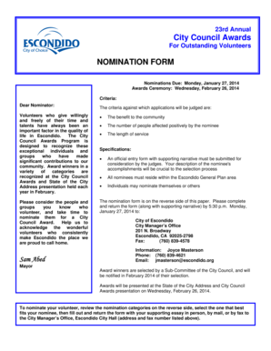 Fillable Online escondido City Council Awards NOMINATION FORM - City of ...
